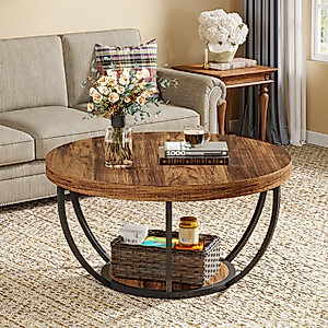 Tribesigns Round Coffee Table, 31.7" Wooden 2-Tier Circle Coffee Table with Storage Shelves, Modern Accent Cocktail Table Center Table for Living Room, Rustic Brown