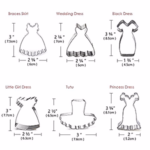 Dress Cookie Cutter Set- Set of 6 -Include Braces Skirt, Wedding Dress, Black Dress, Little Girl Dress, Tutu and Princess Dress - Stainless Steel