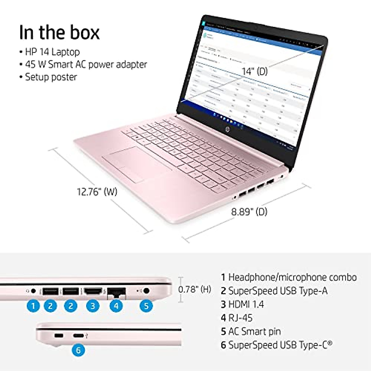HP 2022 Premium 14-inch HD Thin and Light Laptop, Intel Quad-Core Processor, 16GB RAM, 64GB Storage, Long Battery Life, Webcam, Bluetooth, HDMI, Wi-Fi, Pink, Windows 11 + 1 Year Microsoft 365