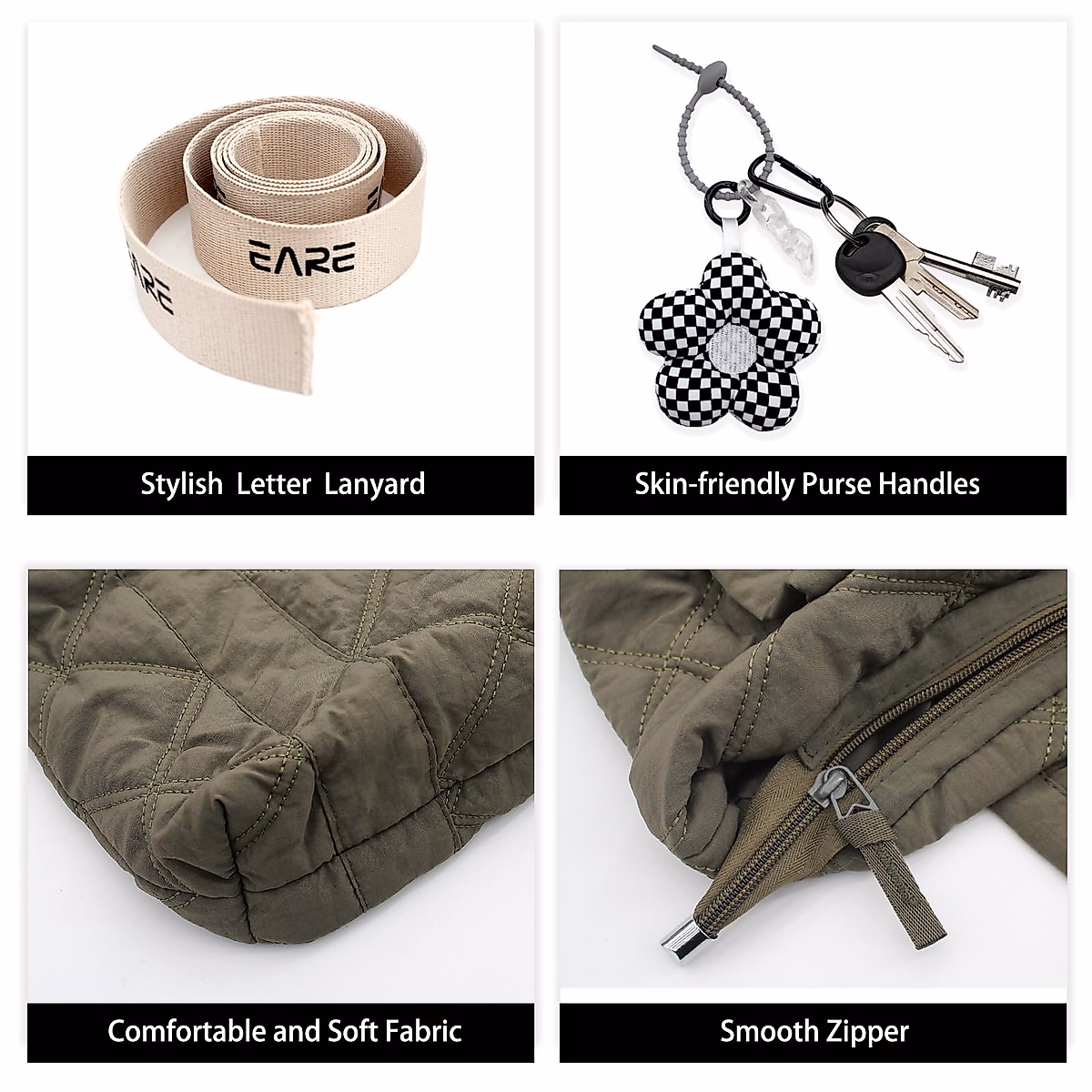 iSamzan Puffer Quilted Tote Bag for Women Puffy Padded Purse with Zipper Work Nylon Soft Purse-Green