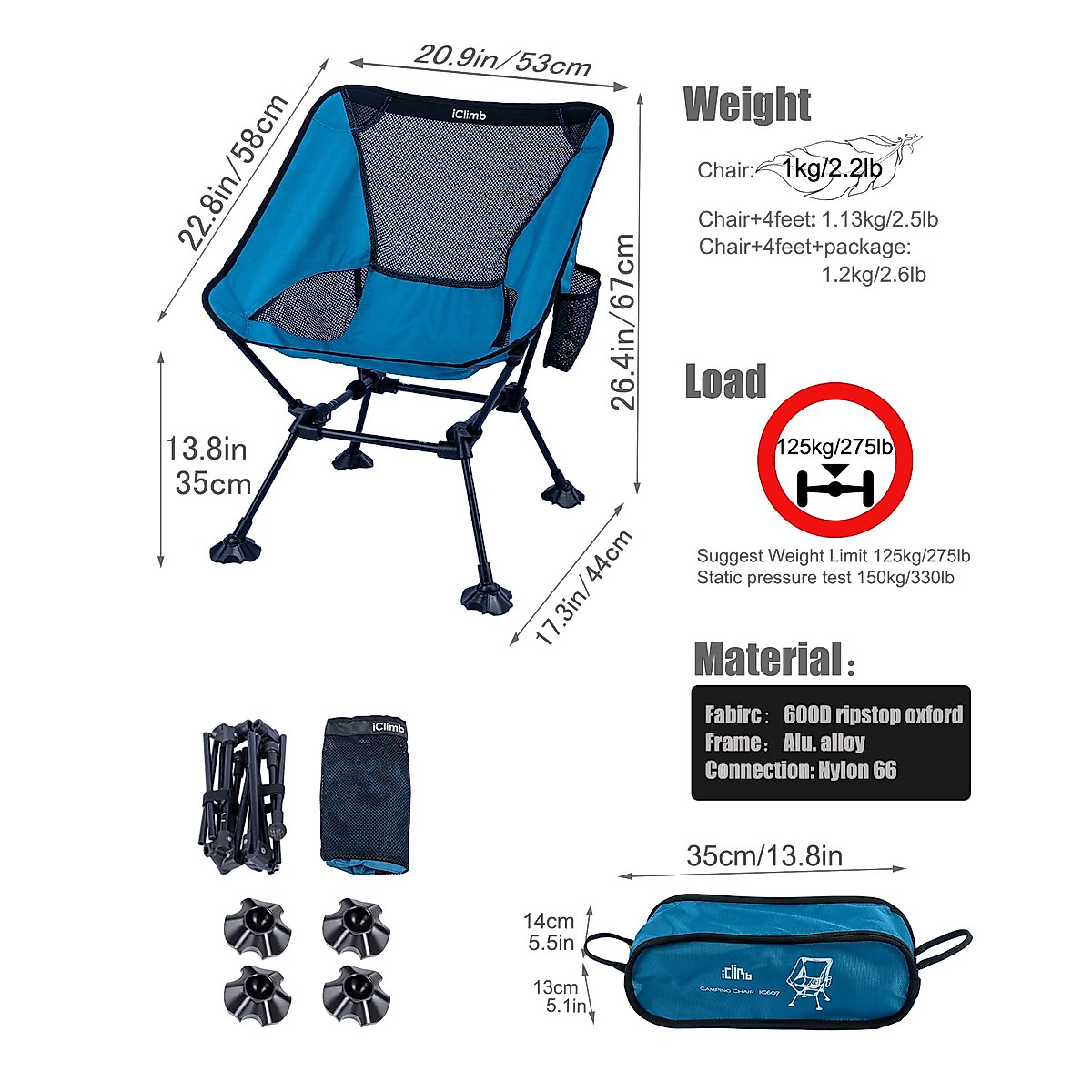 iClimb Ultralight Compact Camping Folding Beach Chair with Anti-Sinking Large Feet and Back Support Webbing (Blue - Square Frame)
