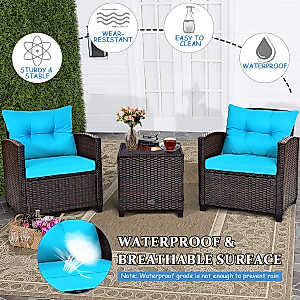 Tangkula 3 Pieces Patio Furniture Set, PE Rattan Wicker 3 Pcs Outdoor Sofa Set w/Washable Cushion and Tempered Glass Tabletop, Conversation Furniture for Garden Poolside Balcony (Turquoise)