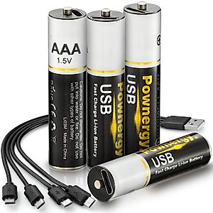 Pownergy AAA Batteries 1.5V Lithium ion AAA Battery Rechargeable Batteries, 1100mWh High Capacity with Micro USB Cable 2H Fast Charge Long Lasting Li-ion AAA Batteries 4 Packs