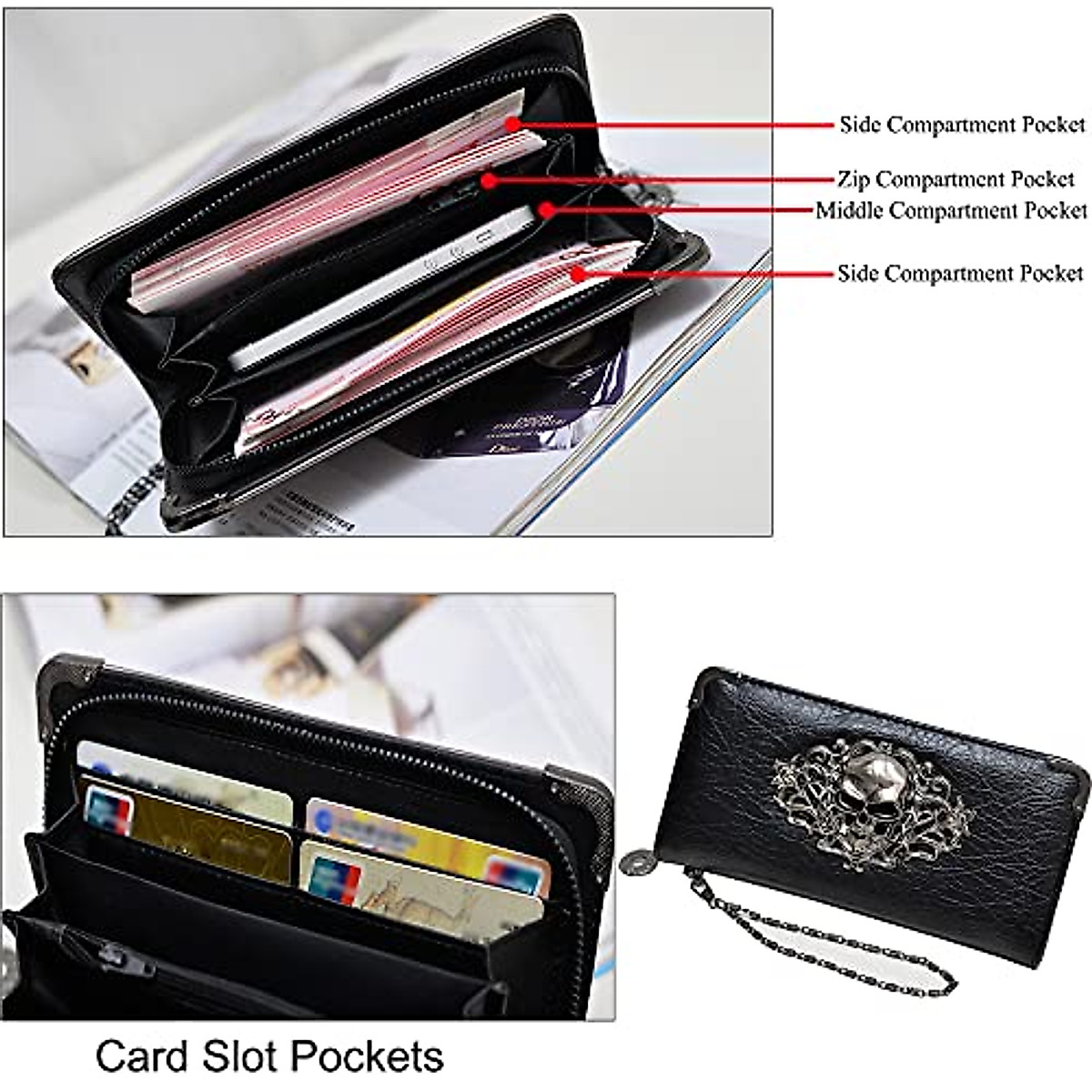 Downupdown Skull Wallets for Women Zipper Wallet Shiny Faux Leather Clutch Handbags Chian Wristlets Bag Card Pockets Long Cion Purse-Black