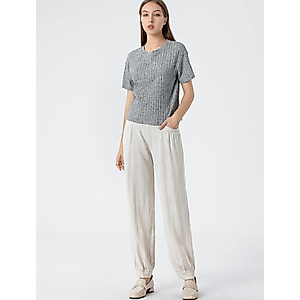 Minibee Women's New Cotton Linen Tapered Cropped Pants Elastic Waist Trousers Beige-XL