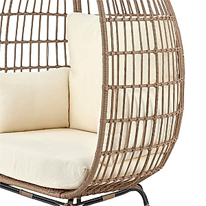 Manhattan Comfort Spezia Freestanding Steel and Rattan Outdoor Egg Chair with Cushions, Tan and Cream