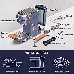 Laekerrt Espresso Machine 20 Bar Espresso Maker CMEP01 with Milk Frother Steamer, Home Expresso Coffee Machine for Cappuccino and Latte (Navy Blue, Stainless Steel) Gift for Coffee Lovers, Father