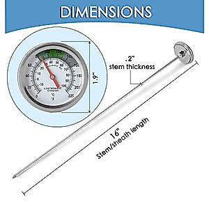Long Stem Compost Soil Thermometer - Fast Response Stainless Steel 16 Inch - Fahrenheit and Celsius - Includes Protective Sheath and Composting Guide