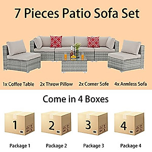 SoarFlash 7 Pieces Outdoor Patio Furniture Set, All-Weather Rattan Sectional Sofa Wicker Conversation Set with Cushion, Coffee Table for Garden, Backyard,Poolside(Beige)