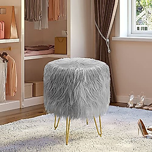 GREENSTELL Vanity Stool Chair with Storage, 15.75" W x 19.29" H Round Faux Fur Ottoman with 4 Metal Legs, Furry Padded Seat, Modern Multifunctional Makeup Stool for Bedroom Living Room Grey