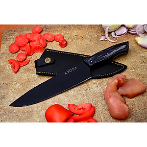 RYOBA Chef Knife 8 inch Kitchen Knife Ultra Sharp High Carbon Stainless steel Japanese chef knife with Finger Guard-Titanium Plated Black Chef Knife WITH Sheath and Sharpener in Gift Box