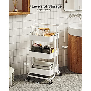 Totnz Rolling Utility Cart, 3-Tier Mesh Organization Cart with Lockable Wheels, Multi-Functional Storage Trolley for Office, Living Room, Kitchen, Laundry, Bathroom Storage, White (TZUC01W)