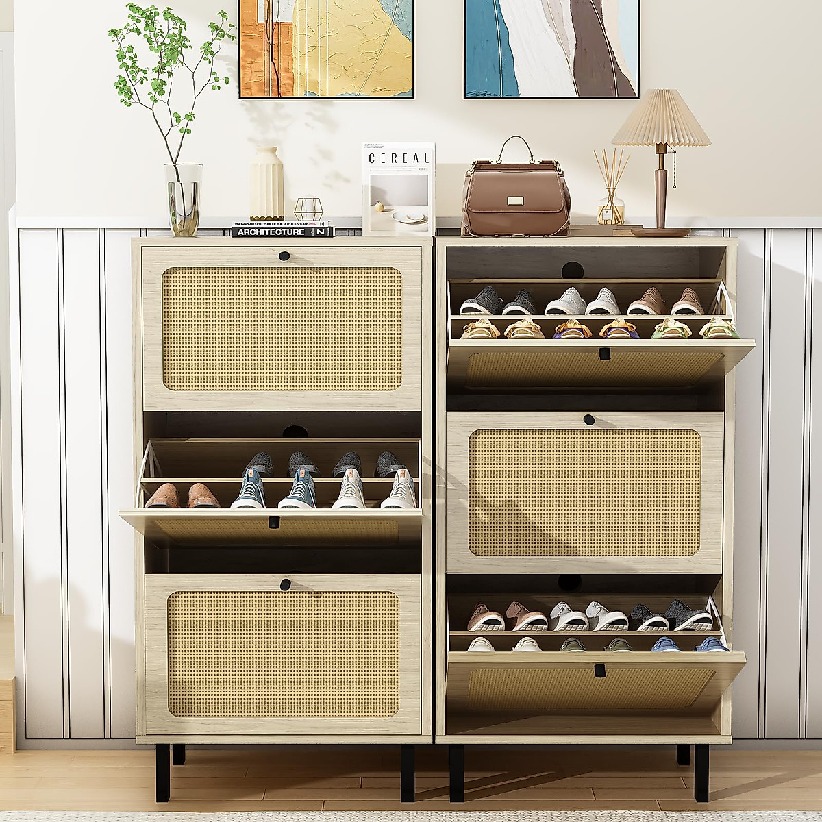 DKLGG Shoe Cabinet with 3 Flip Drawers, Rattan Entryway Shoe Storage Cabinet, Freestanding Wooden Shoe Rack Storage Cabinet with Metal Legs, Narrow Hidden Shoe Organizer for Entryway Hallway Mudroom