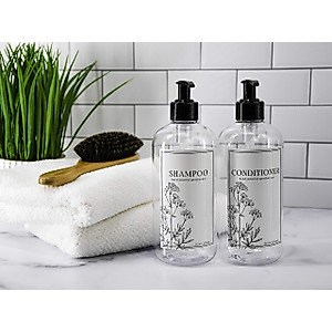 Modern Refillable Shampoo and Conditioner Dispensers by AylaMae | 500ml / 16.9oz PET Plastic Bottles (Clear with Printed Labels)