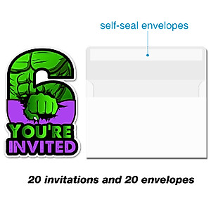 20 Super Hero 6th Birthday Party Invitations with Envelopes Double Sided Green Superhero Shaped Fill-in Invitations Invites for 6 Year Old