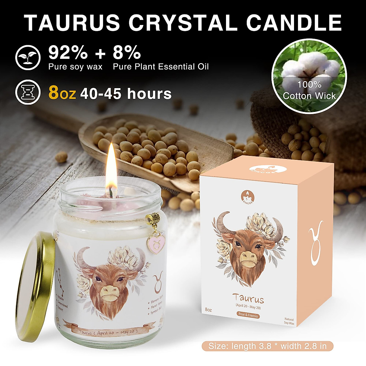 ZINCGE Taurus Gifts, Zodiac Crystal Candle, Birthday Candle Gifts for Women, Astrology Gifts for Mom Wife Sister, Gift for Her Pear and Freesia Scented Candle with Pink Crystals