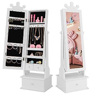 HONEY JOY Kids Jewelry Armoire Cabinet, 2-Angle Tilting Wooden Standing Jewelry Organizer with Full-length Mirror and Storage Drawers, Children Dress Up Jewelry Cabinet for Little Girls (White)