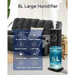 Humidifier Large Room Bedroom with Night Light, 2.1Gal(8L) Humidifiers for Home with Essential Oil Diffuser, Top Fill Whole House Cool Mist Humidifiers for Plants Baby Kids Adults(Black)