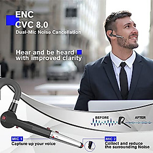HonShoop Bluetooth Headset CVC8.0 Dual Mic Noise Cancelling, V5.0 Bluetooth Earpiece Earbud 14 Hrs HD Talktime Hands-Free Earphones for Driver Trucker Business Office (Black)