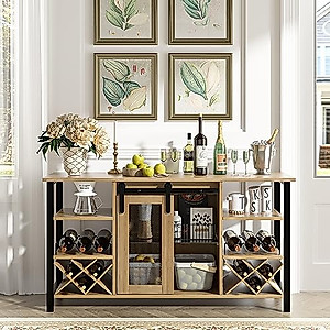 Senfot Wine Bar Cabinet, Farmhouse Wood Coffee Bar Cabinet with Wine Rack for Liquor and Glasses, Industrial Sideboard Buffet Cabinet for Kitchen (55 Inch, NAT-Brown)