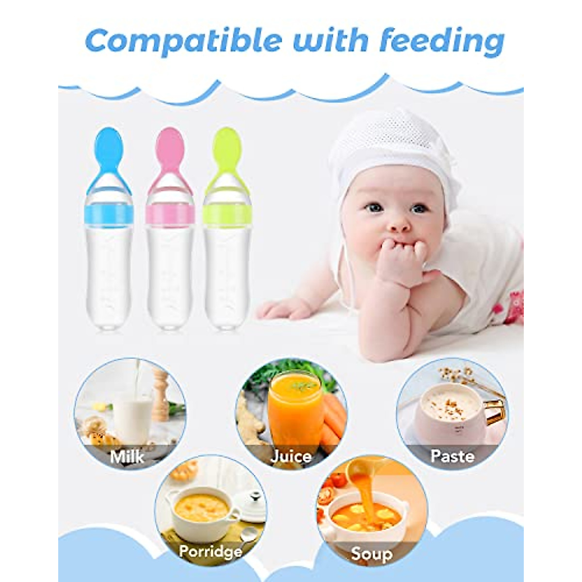 Baby Food Feeder, 3 Pack Squeeze Feeding Spoons, Silicone Baby Feeding Supplies, 3 oz Food Dispensing Spoon for Boys Girl Kids Toddlers