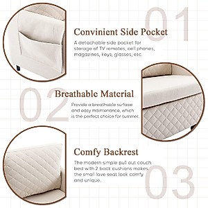 Antetek Sleeper Sofa Bed, 46-inch Modern Linen Loveseat Sleeper Sofa Couch with Pull-Out Bed, Small Love seat Sofa Single Bed with a Detachable Side Pocket for Living Room, Office, Beige