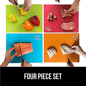 Gorilla Grip Cutting Boards for Kitchen, Set of 4 Durable Mats with Food Icons, Flexible Dishwasher Safe Plastic, Slip Resistant BPA Free Large Mat for Meat, Fish, Vegetables, Chopping Board, Multi