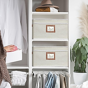 Storage Boxes with Lids, 3 Pack Fabric Collapsible Storage Organizer Container with Leather Handle, 15.25 x 10.75 x 8.25 inch Rectangular Storage Bins Baskets for Shelves Home Nursery, Ivory White