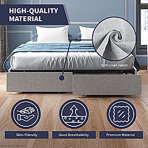 ijuicy Cal King Size Bed Frame with Storage Drawers, Wood Slat Support Bed Frame, Linen Fabric Upholstered Platform Bed, Bed Frame with Large Storage Space,Easy Assembly-Light Grey
