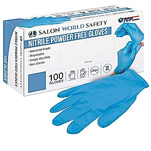 Salon World Safety Blue Nitrile Disposable Gloves, Box of 100, Size Medium, 3.5 Mil - Latex Free, Textured, Food Safe