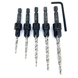 FTG USA Wood Countersink Drill Bit Set 5 Pc Countersink Drill Bit #4, 6, 8, 10, 12, with 6 Storage Containers for Tapered Countersink Drill Bits with 1/4" Hex Shank Quick Change and Allen Wrench