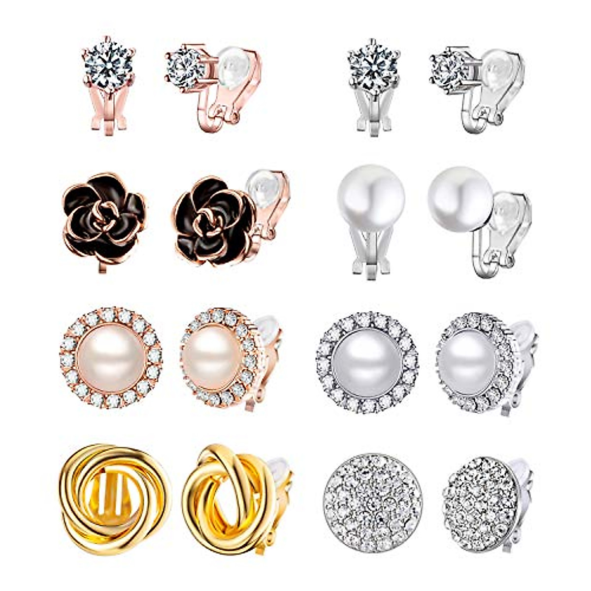 Wremily 8 Pairs Clip Earrings Set for Women Rose Flower CZ Simulated Pearl Gold Knot Clip Earrings with Rubber Pads Non Pierced Hypoallergenic Clip on Earrings Jewelry