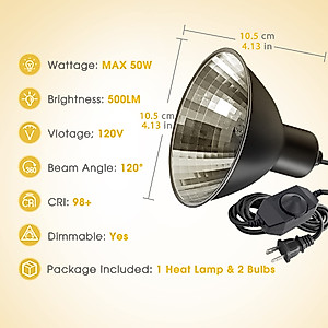 Reptile Heat Lamp, Briignite UVA Basking Light for Reptiles 50W, G9 Halogen Heat Bulb & Dome Reptile Light Fixture, Aluminum Reflector, Dimmable Heat Lamp for Chicken Turtle Snake Gecko Lizard, 1 Pack
