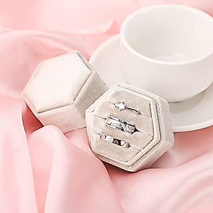WantGor Velvet Jewelry Ring Box, 3 Slots Hexagon Ring Gift Box Vintage Ring Display Holder Case for Wedding Ceremony Proposal Engagement (Beige, 3 Slots)