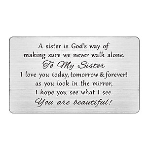 FALOGIJE Sister Gifts from Sister - Permanent Engraving Wallet Card, A Sister is God's Way of Making Sure We Never Walk Alone, Gifts for My Little Old Sister, Birthday, Mother's Day