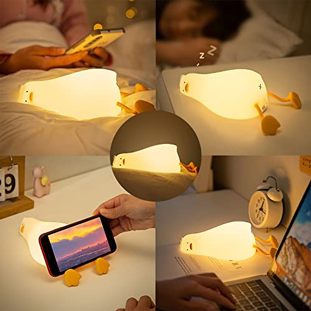 Fosucwin Cute Duck Night Light for Kids, Squishy Nursery LED Animal Night Lamp, Silicone Dimmable Timed Bedside Lamp Kawaii Light Up Lying Flat Duck Touch Light for Breastfeeding Girls Bedroom Decor