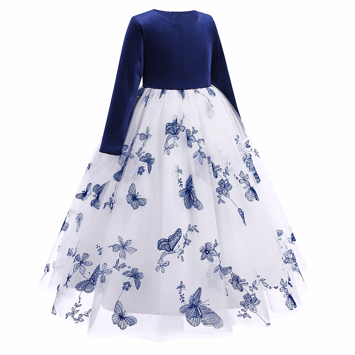 Kids Vintage Toddler Baby Velvet Winter Fall Maxi Dresses Flower Embroidery 3/4 Sleeve Princess Lace Tutu Long Sleeve Tunic Party Dance Gown for Girl Photo Shoot Butterfly-Navy 9-10 Years