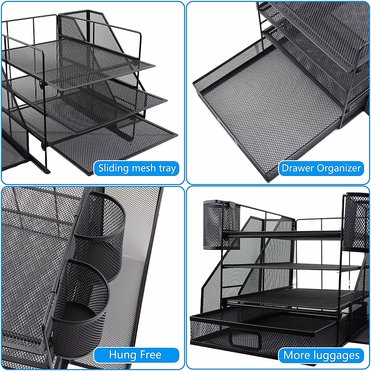 navmen Desk Organizer with File Holder,4 Tier Metal Mesh Desktop Organizer Paper Letter Tray Organizer with Drawer Holder and 2 Pen Holder,for Office Supplies Home or School Storage,(Black)