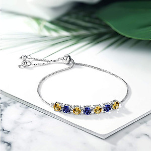 Gem Stone King 925 Sterling Silver Yellow Citrine and Blue Created Sapphire Tennis Bracelet For Women (2.33 Cttw, Round 4.5MM, Gemstone Birthstone, Fully Adjustable Up to 9 Inch)