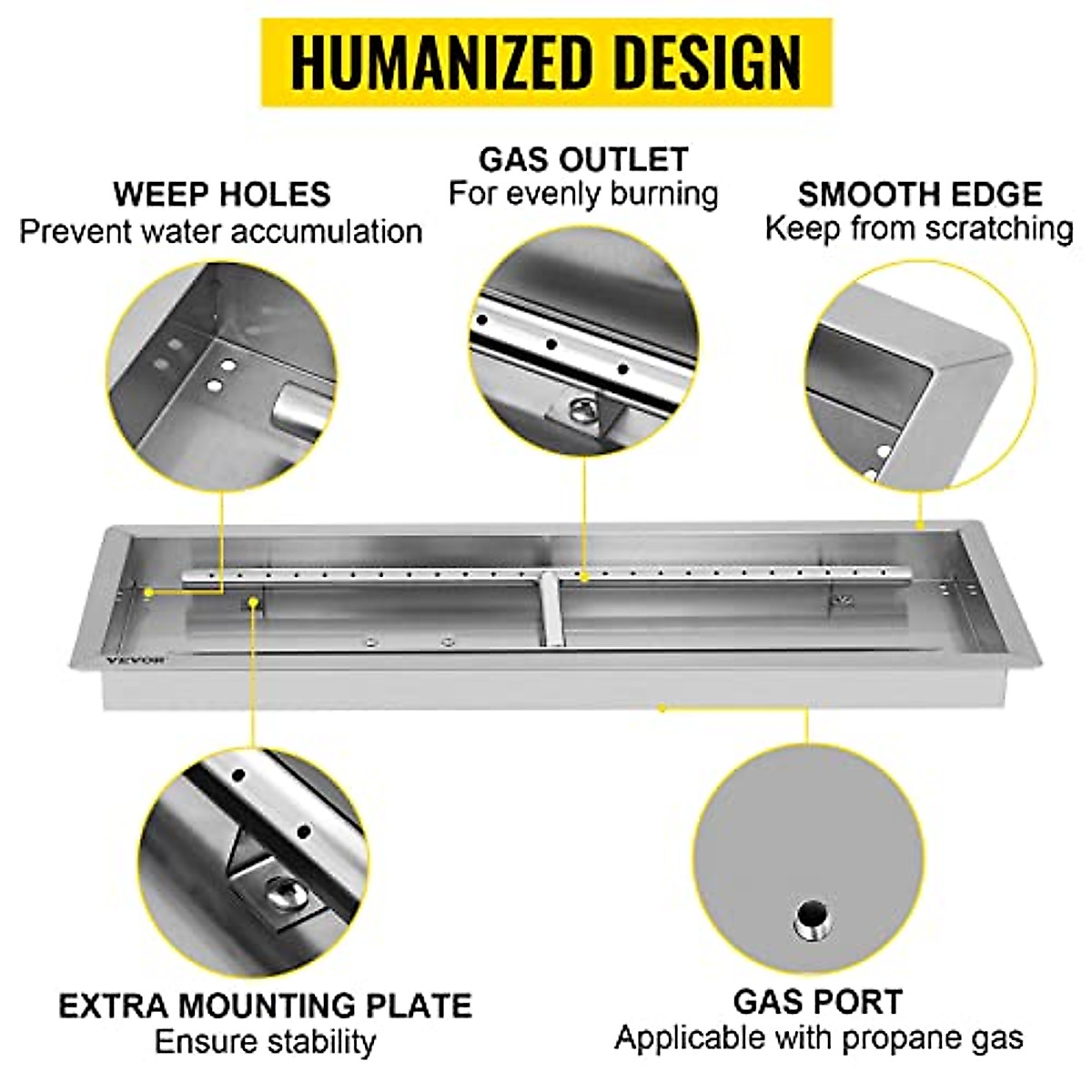 VBENLEM Fire Pit Pan 37.5x14 Inch, Stainless Steel Rectangular Fire Pit Pan and Burner, Built-in Fire Pit Pan with H-Burner, 150K BTU