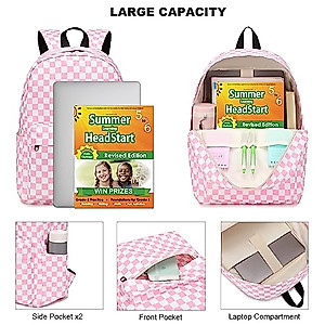 Dezcrab Checkered Backpack for Girls Kids School Bag Teens Women College Bookbag Casual Daypack (Pink)