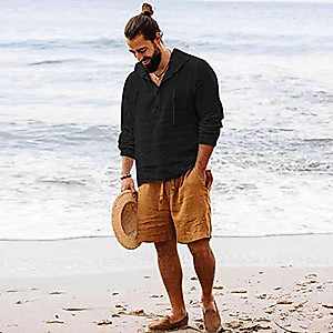 GDJGTA Tshirts for Men Autumn Hooded Tops Casual Solid Tee Shirt Long Sleeve Cotton Linen Shirt Pullover Blouse Hoodies (Black, XXL)