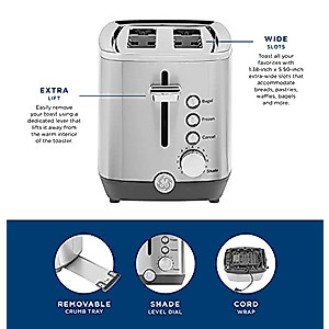 GE Stainless Steel Toaster | 2 Slice | Extra Wide Slots for Toasting Bagels, Breads, Waffles & More | 7 Shade Options for the Entire Household to Enjoy | Countertop Kitchen Essentials | 850 Watts