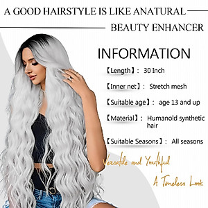 GOWIT Ombre Silver Grey Wigs for Women 30 Inch Long Curly Wavy Wig Middle Part Dark Roots Natural Looking Synthetic Heat Resistant Wig for Halloween Christmas Daily Cosplay Party Use
