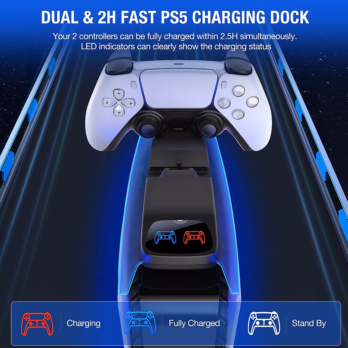 EXTREMECOOL PS5 Controller Charging Station for Dualsense, Dual PS5 Charging Station with RGB Light and Upgraded Touch Switch, PS5 Controller Accessories PS5 Controller Charger Dock on Top of Console