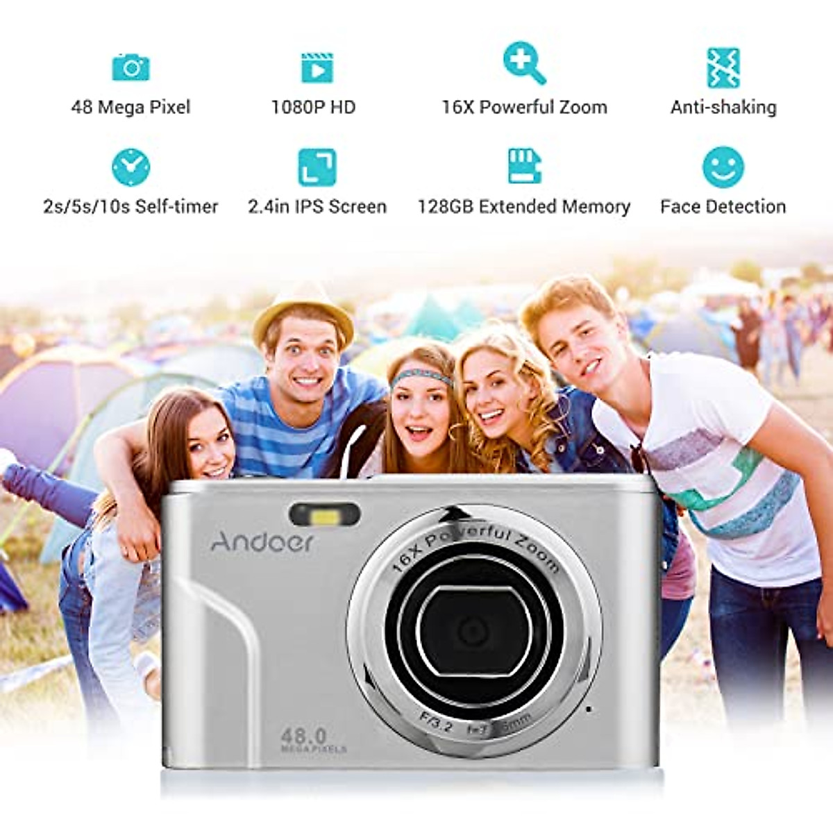 CalmGeek Portable Digital Camera 48MP 1080P 2.4-inch IPS Screen 16X Zoom Auto Focus Self-Timer 128GB Extended Memory Face Detection -Shaking with 2pcs Batteries Hand Strap Carry Pouch