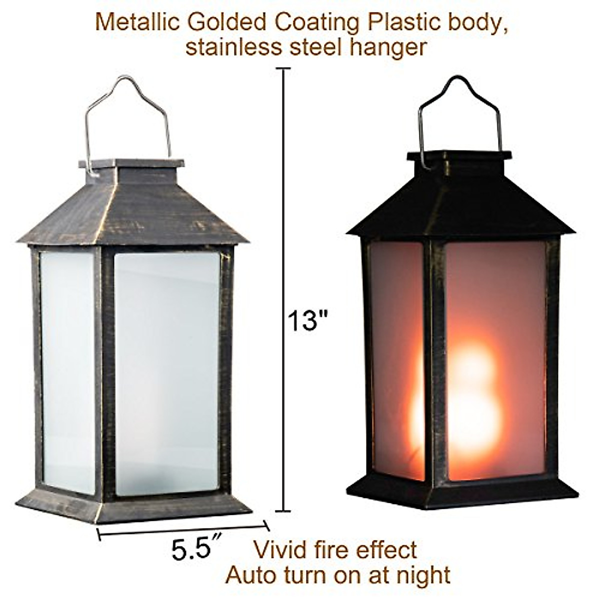 13" Vintage Style Solar Powered Flame Effect (Metallic Coating Black,Plastic),Garden Light Vivid Fire Effect,Outdoor Solar Hanging Lantern,Decorative Candle Lanterns ZKEE (Set of 2)