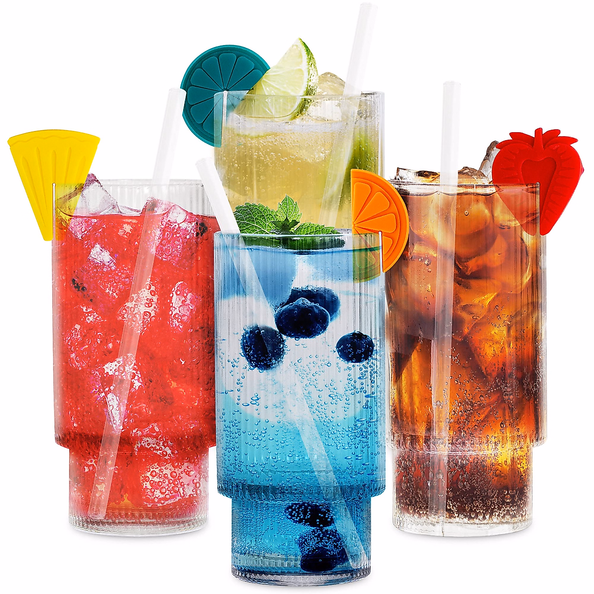 Ökabode POURMOI Tall Ribbed Glassware 4 Pack 11oz With Glass Straws and Drink Markers, Thick Vintage Glassware Ribbed Drinking Glasses | Cocktail Glasses | Iced Coffee Glasses Ribbed Highball Glasses