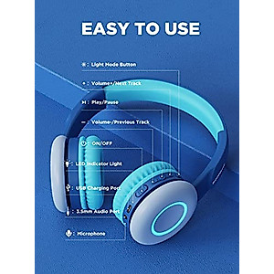 BIGGERFIVE Kids Wireless Bluetooth Headphones with 7 Colorful LED Lights, 50H Playtime, Microphone, 85dB/94dB Volume Limited, Foldable On Ear Headphones for School/Girls/Boys/iPad/Fire Tablet, Blue