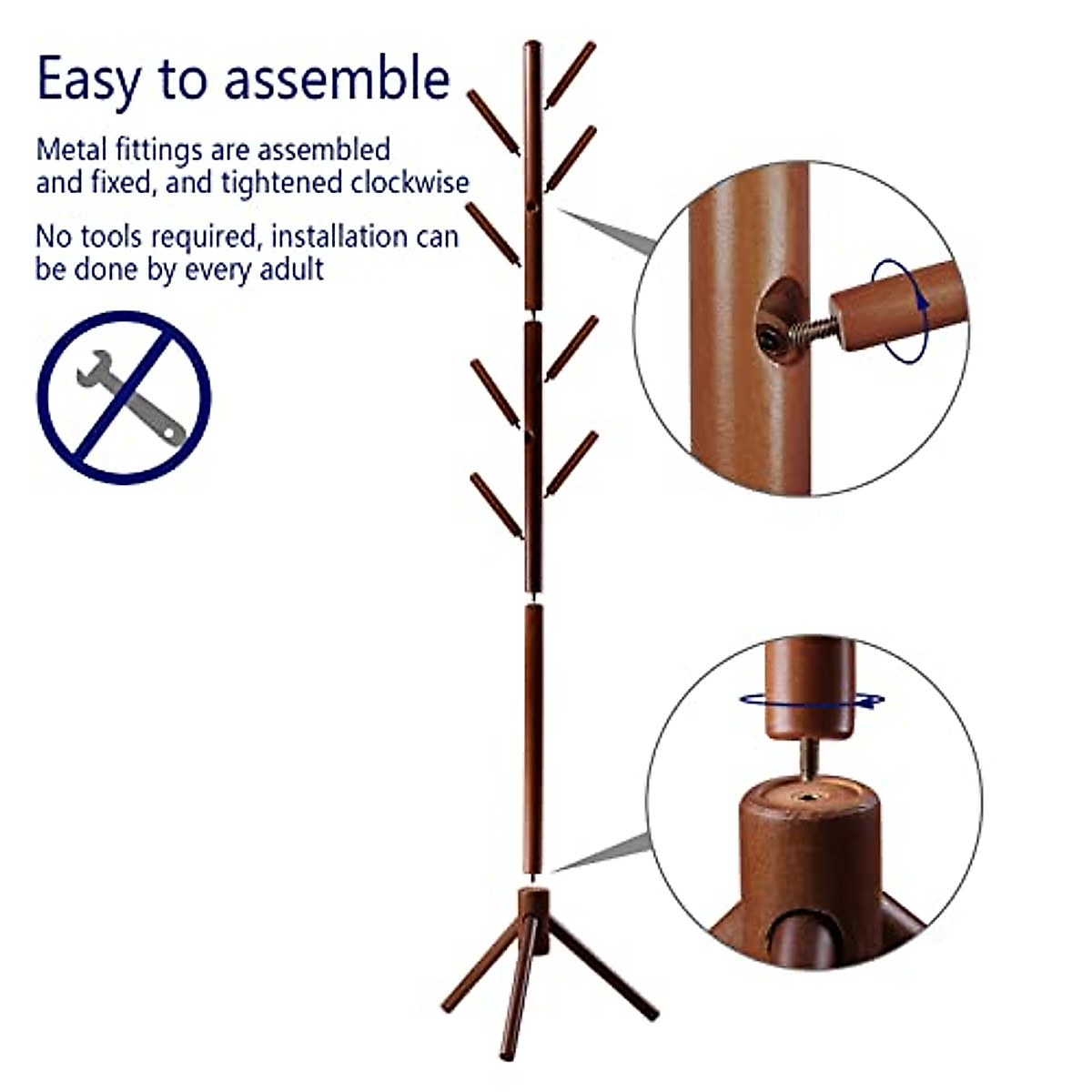 Gcnobaem Wooden Tree Coat Rack with 3 Adjustable Sizes, 8 Hooks, Super Easy Assembly NO Tools Required, Free Standing Solid Coat Hanger Stand for Clothes, Garment, Hats, Accessories (Dark Walnut)